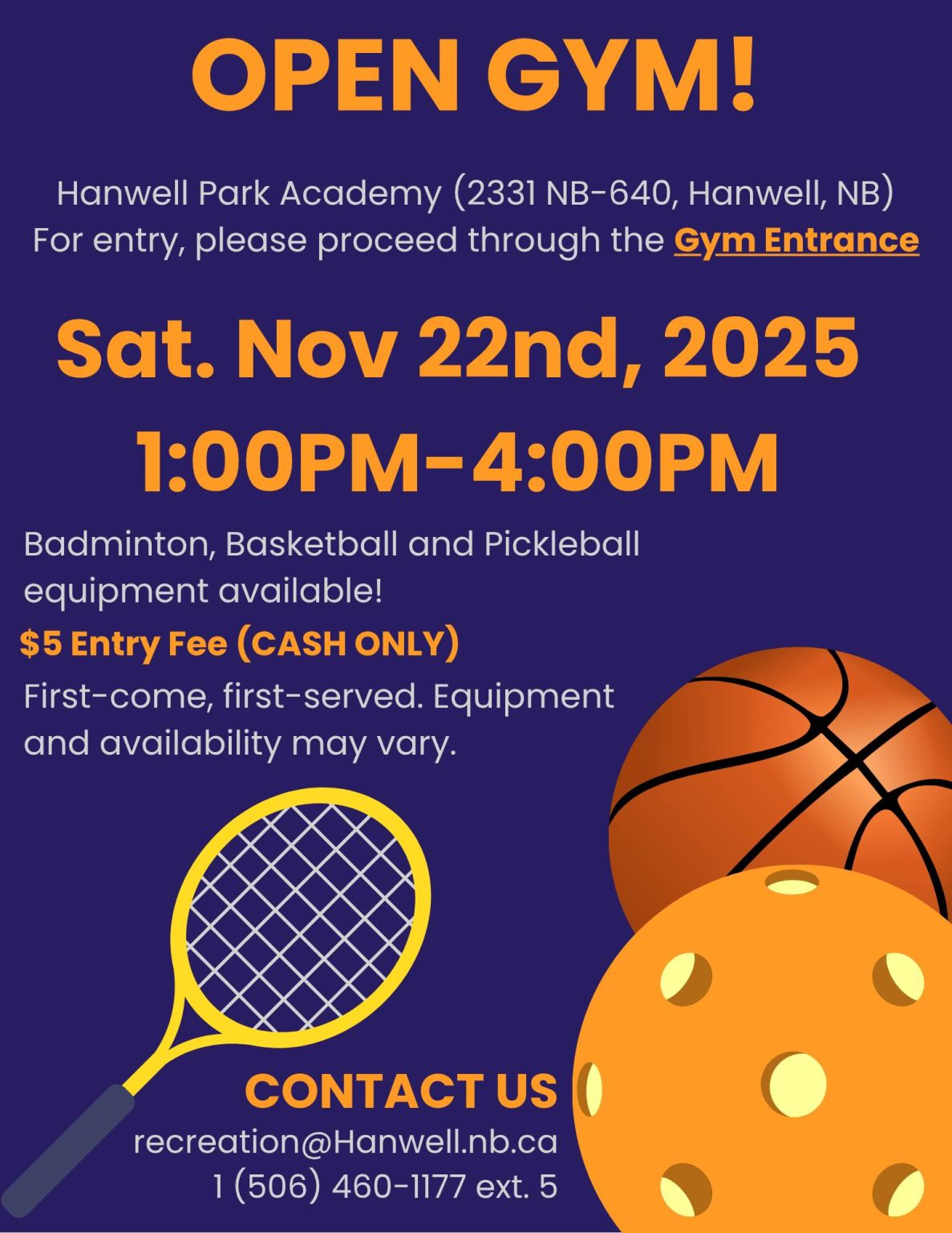 OPEN GYM HOURS – SATURDAY, NOVEMBER 22ND. – Hanwell Rural Community